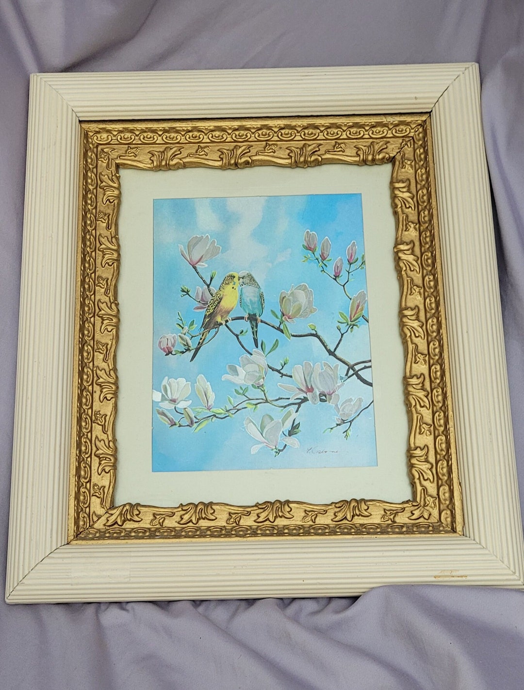 Vintage Framed Parakeet Foil Art Budgerigar Birds in Magnolia Signed F ...