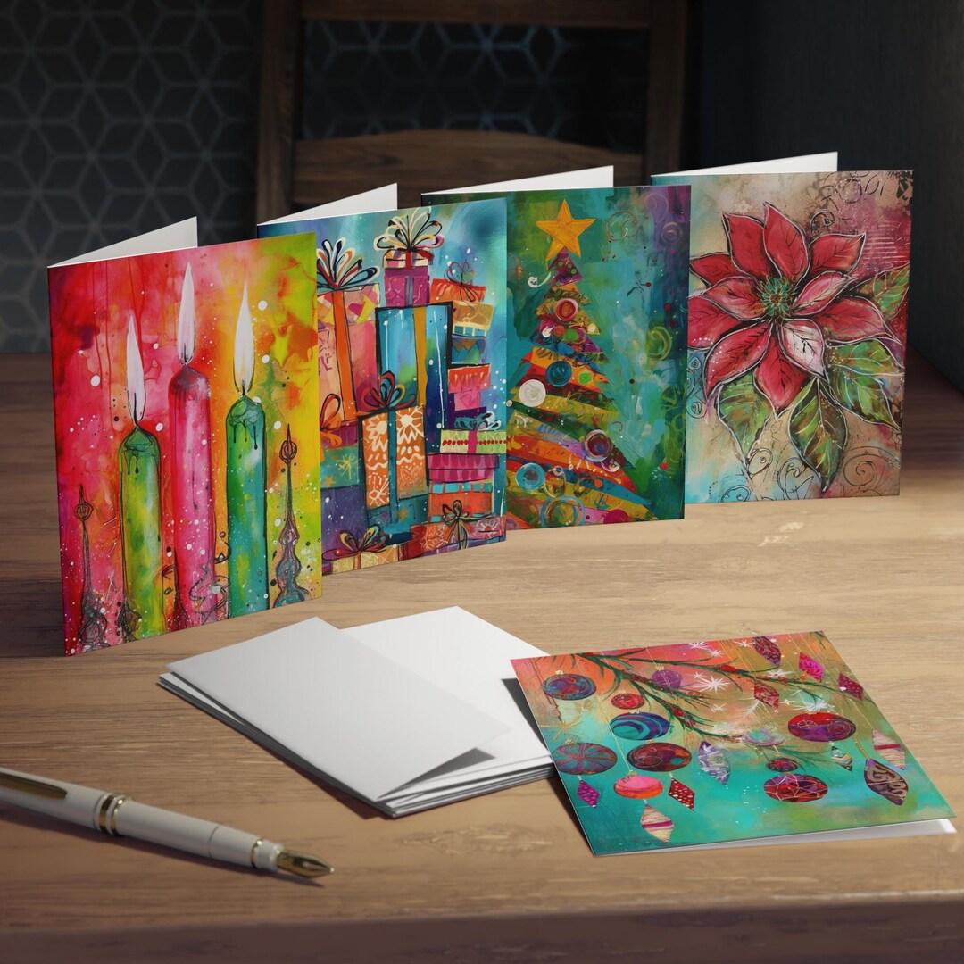 Vivid Colored Christmas Cards, Set of 5 With Envelopes, - Etsy