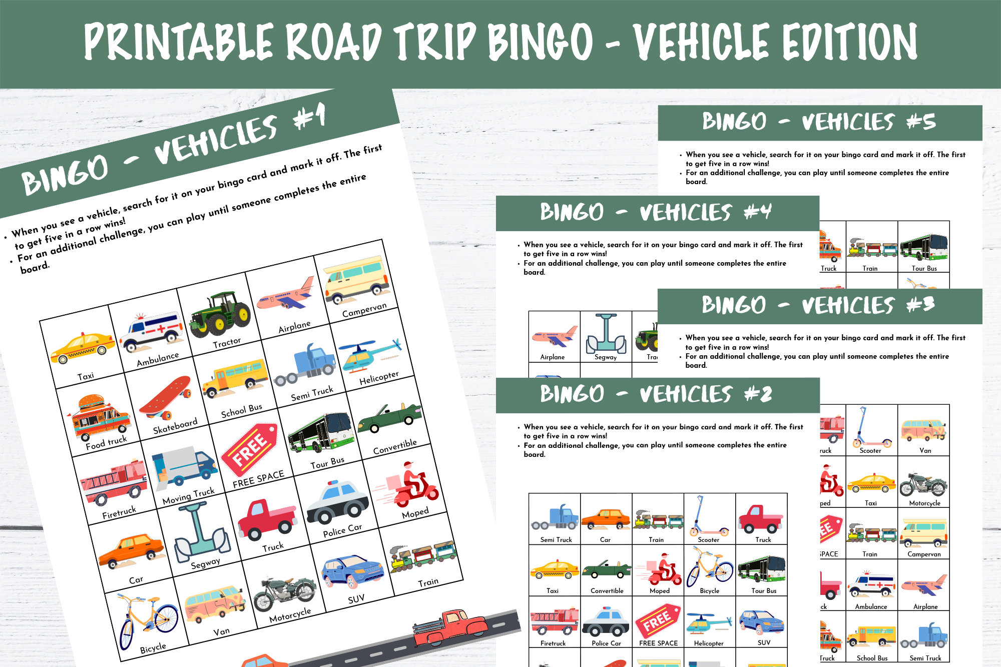 Bundle - Printable Bingo Cards - Road Trip, Vehicles, Restaurants ...