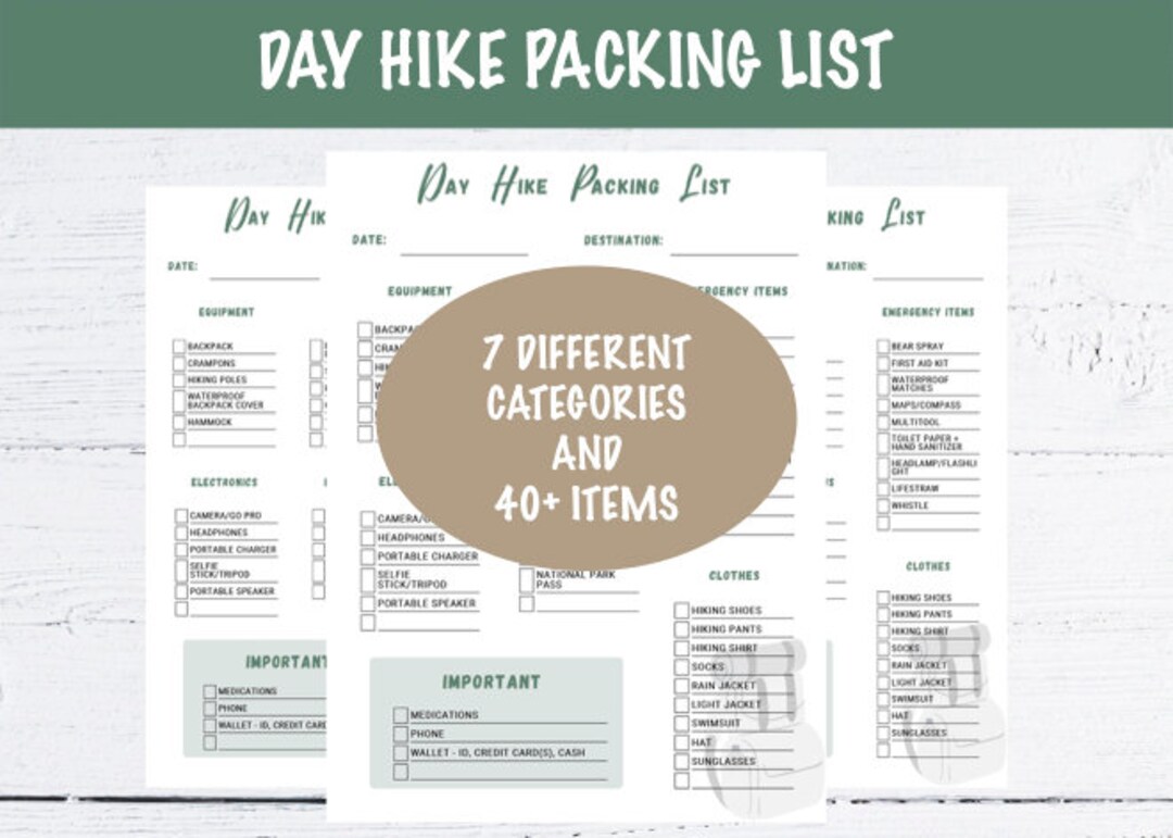 Day Hike Packing List - Printable PDF - Etsy