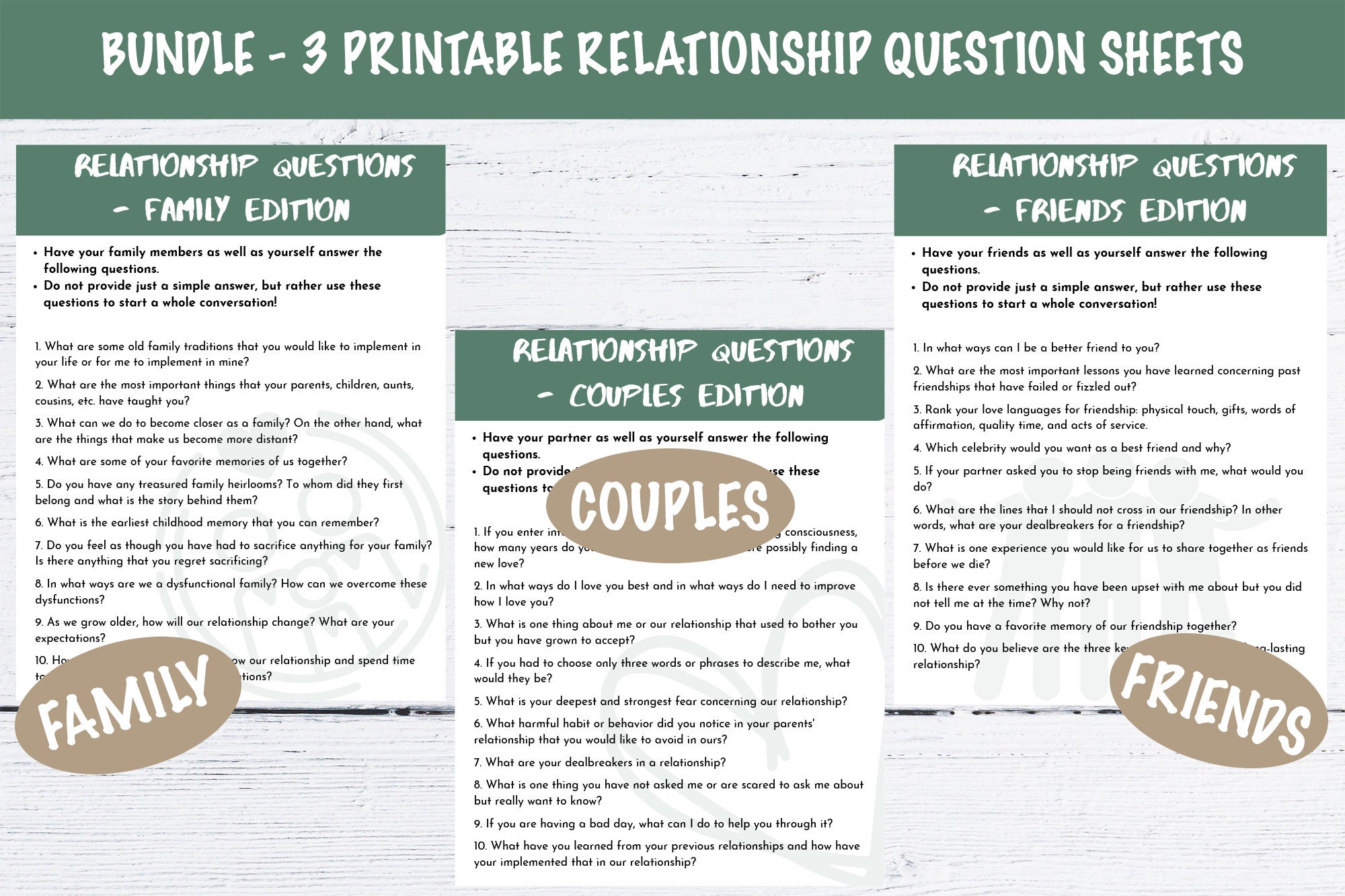Bundle 11 Printable Conversation Starter Sheets and Questions General ...
