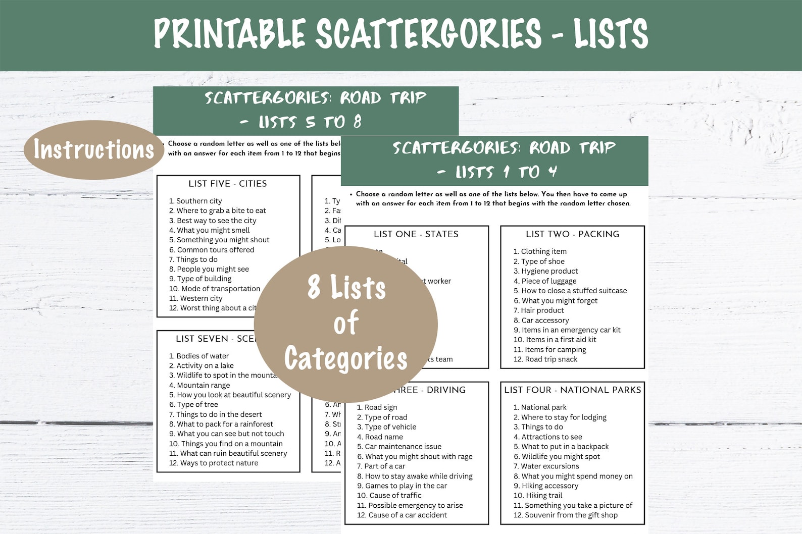 Printable Road Trip Scattergories - 8 Lists and Score Sheet - Etsy