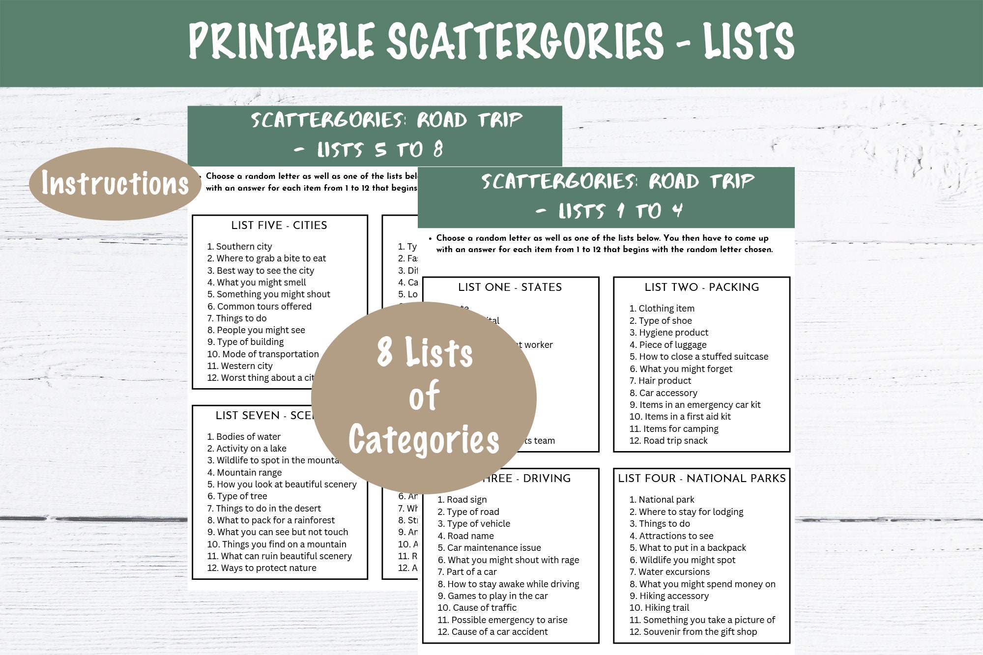 Printable Road Trip Scattergories - 8 Lists and Score Sheet - Etsy