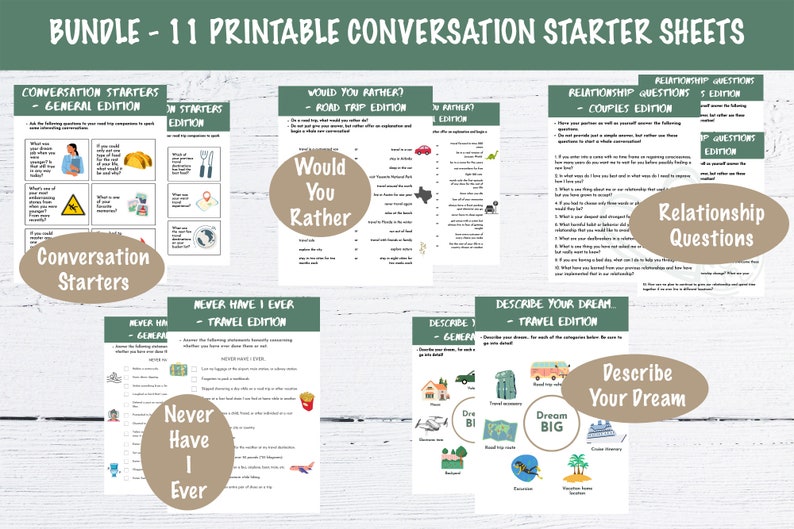 Bundle 11 Printable Conversation Starter Sheets and Questions General ...
