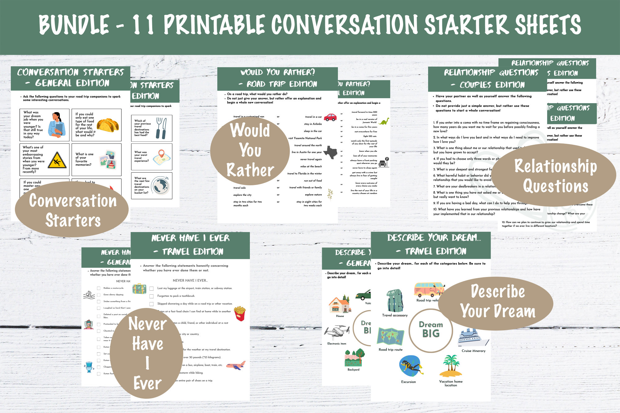Bundle 11 Printable Conversation Starter Sheets and Questions General ...
