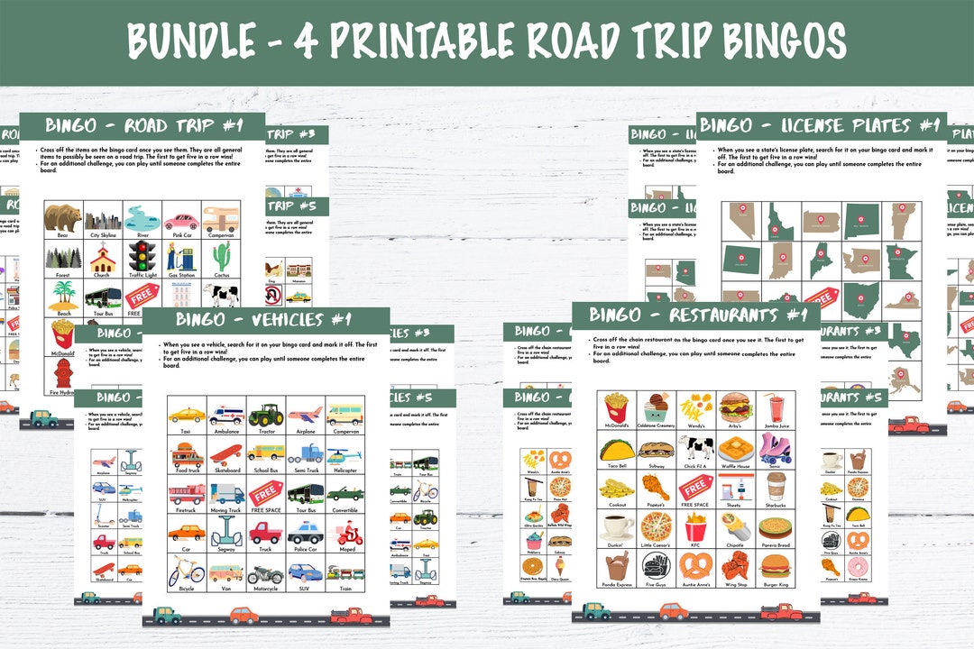 Bundle - Printable Bingo Cards - Road Trip, Vehicles, Restaurants ...