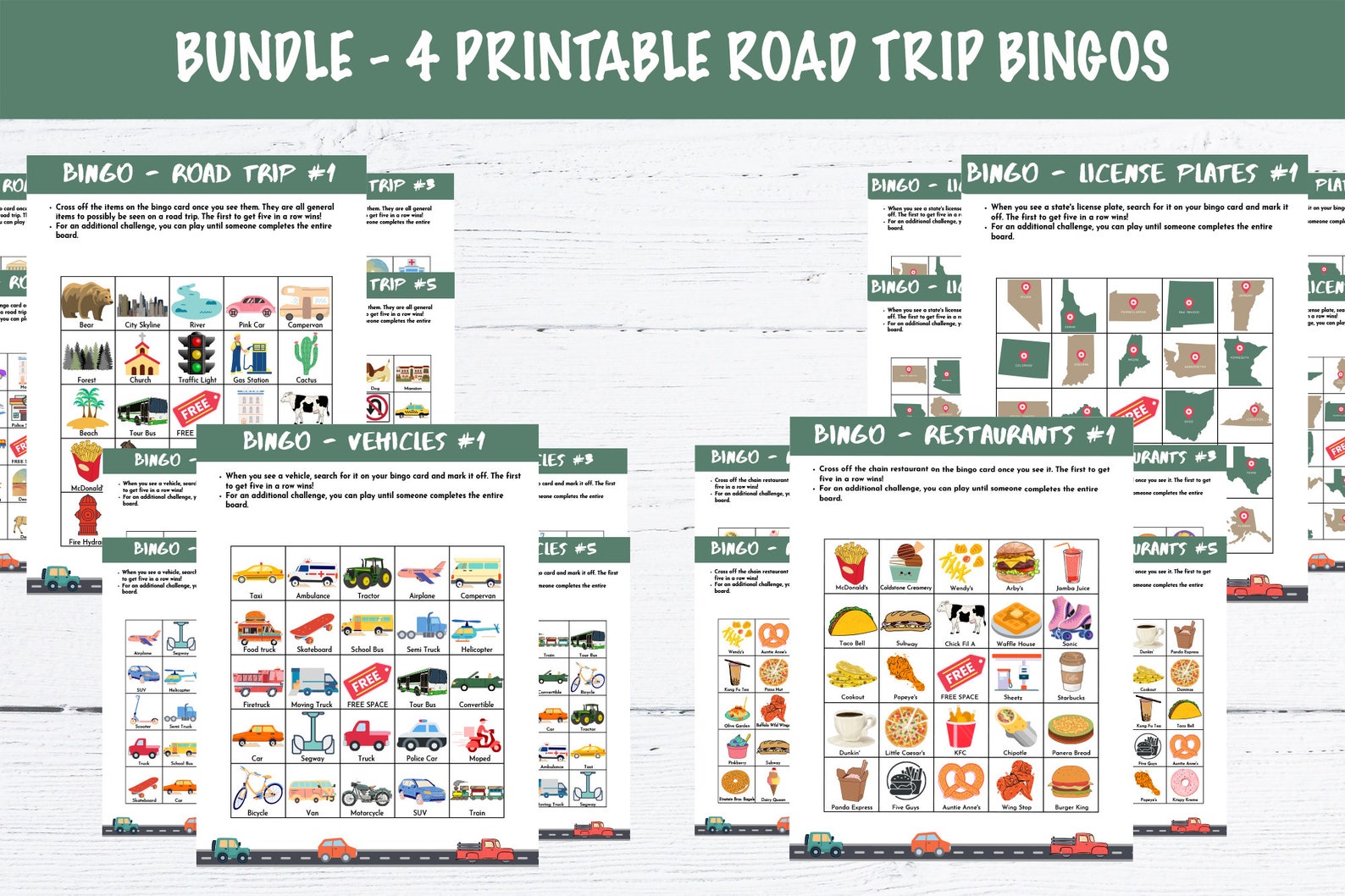 Bundle - Printable Bingo Cards - Road Trip, Vehicles, Restaurants ...