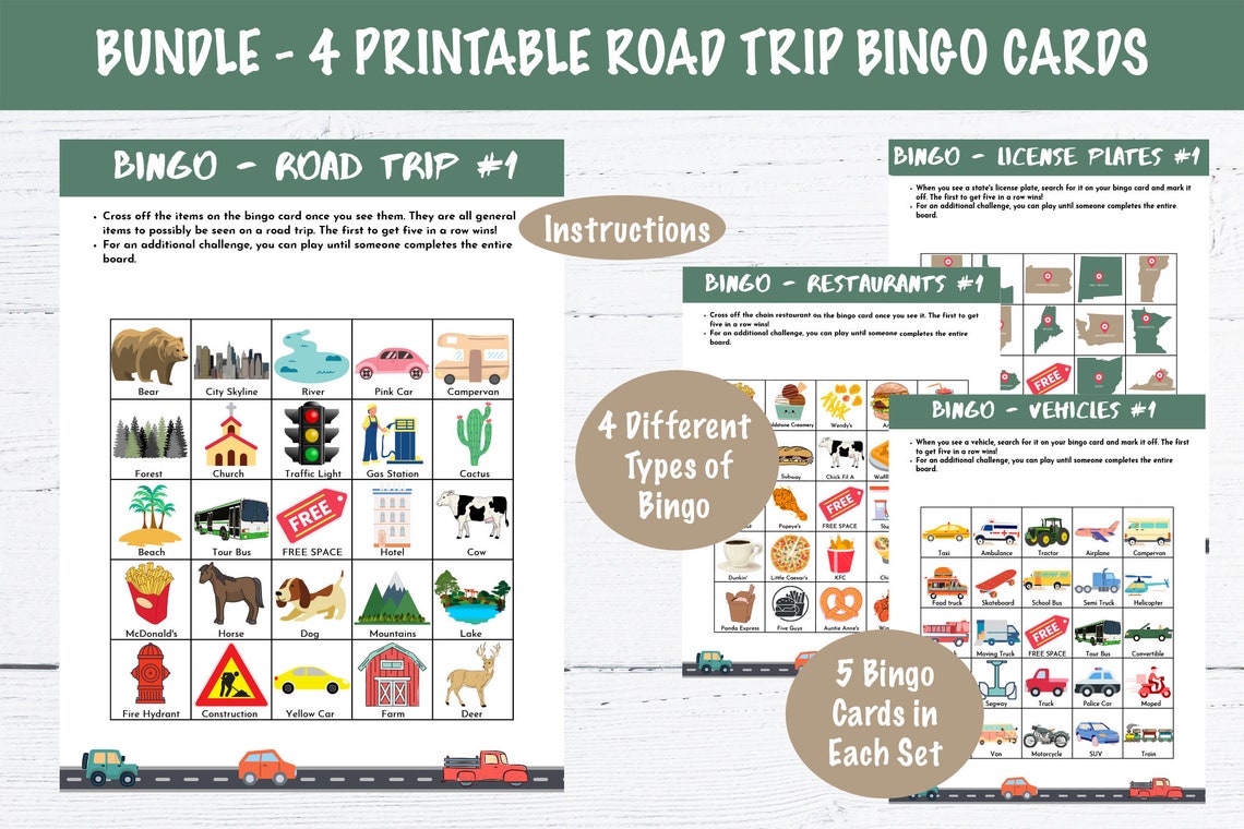 Bundle - Printable Bingo Cards - Road Trip, Vehicles, Restaurants ...