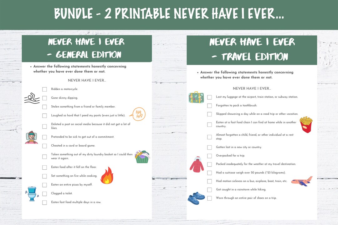 Bundle - 2 Printable Never Have I Ever... - General and Travel Edition ...