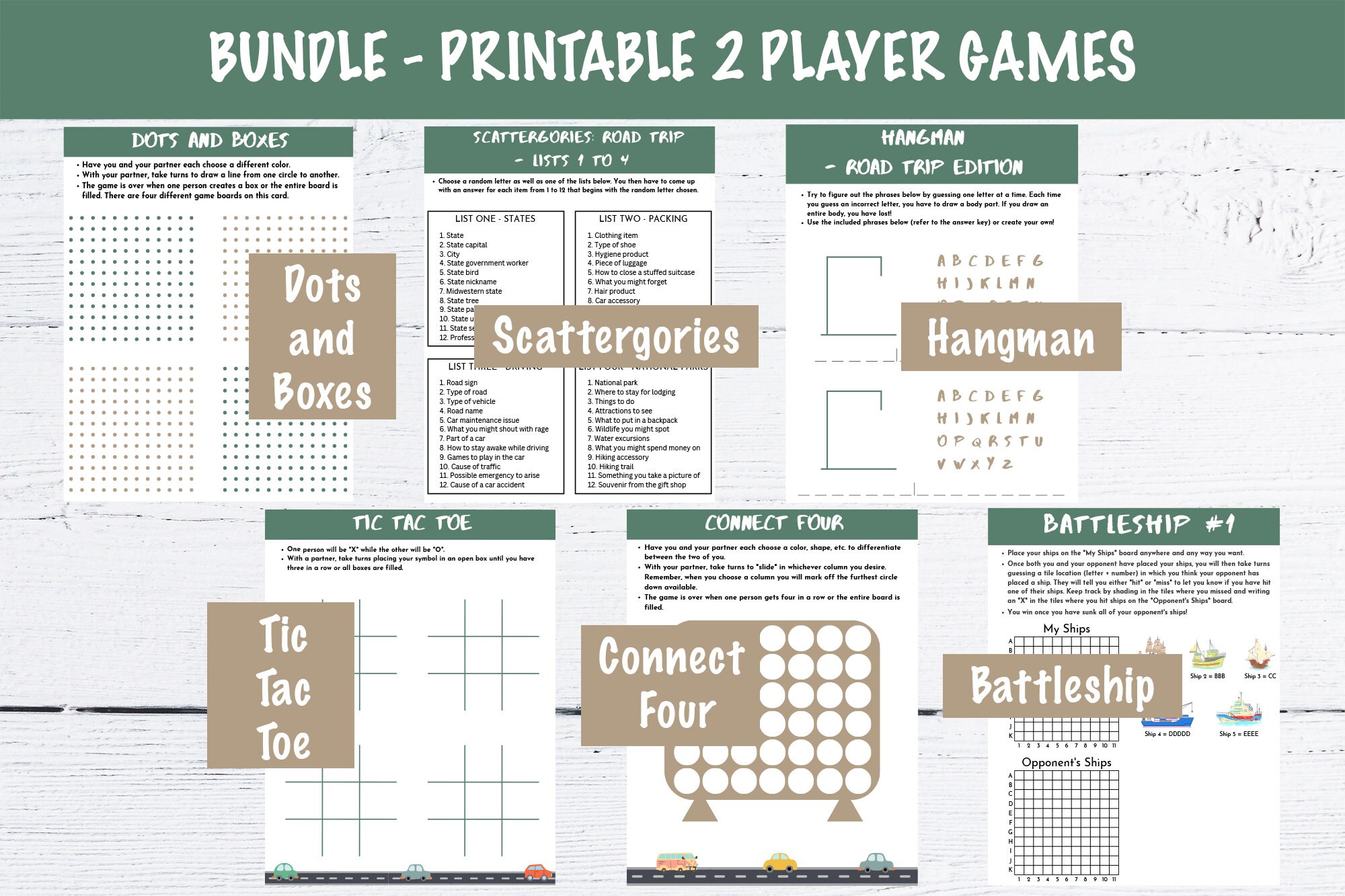 Bundle 6 Printable 2 Player Games Dots and Boxes, Scattergories ...
