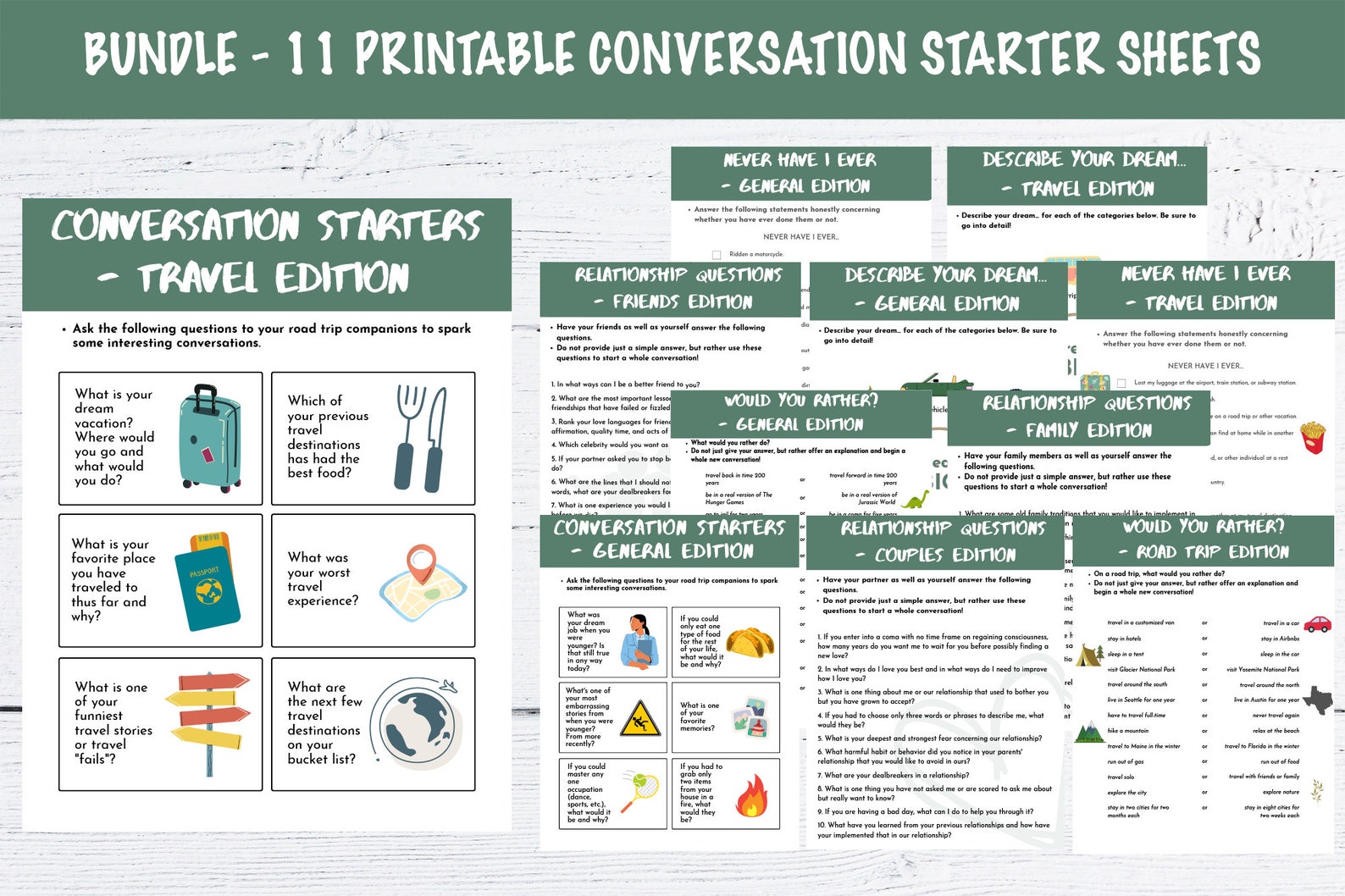 Bundle - 11 Printable Conversation Starter Sheets and Questions ...