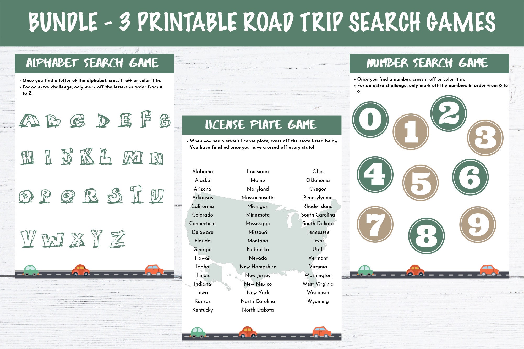 Bundle of 3 Printable Road Trip Search Games - Alphabet, License Plate ...