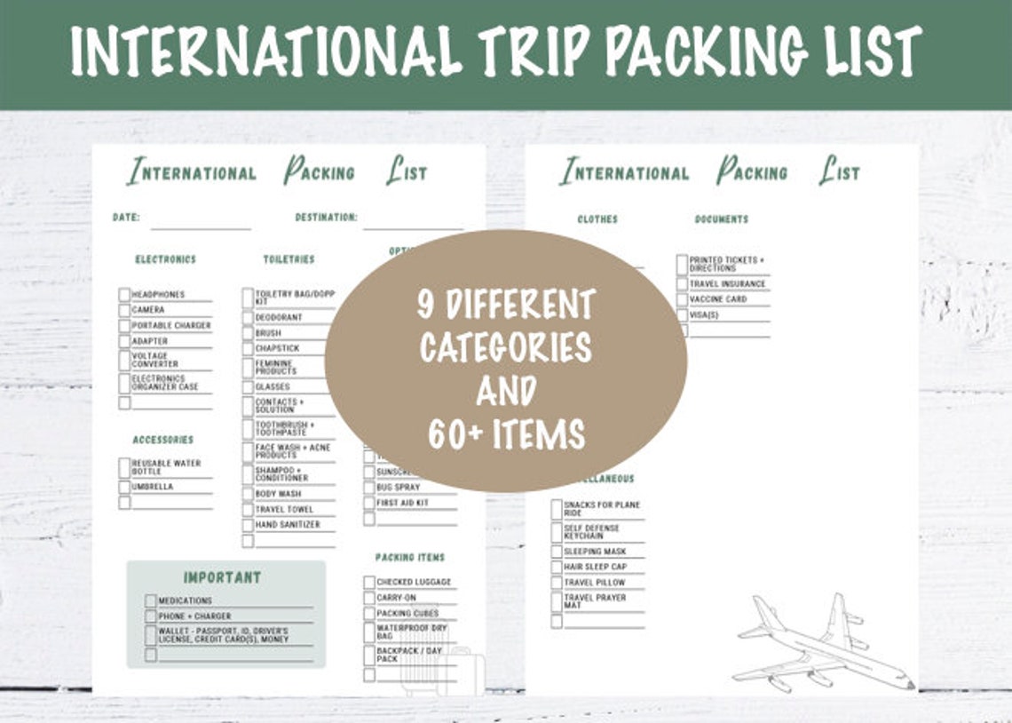 International Travel Packing List - Printable PDF - Etsy