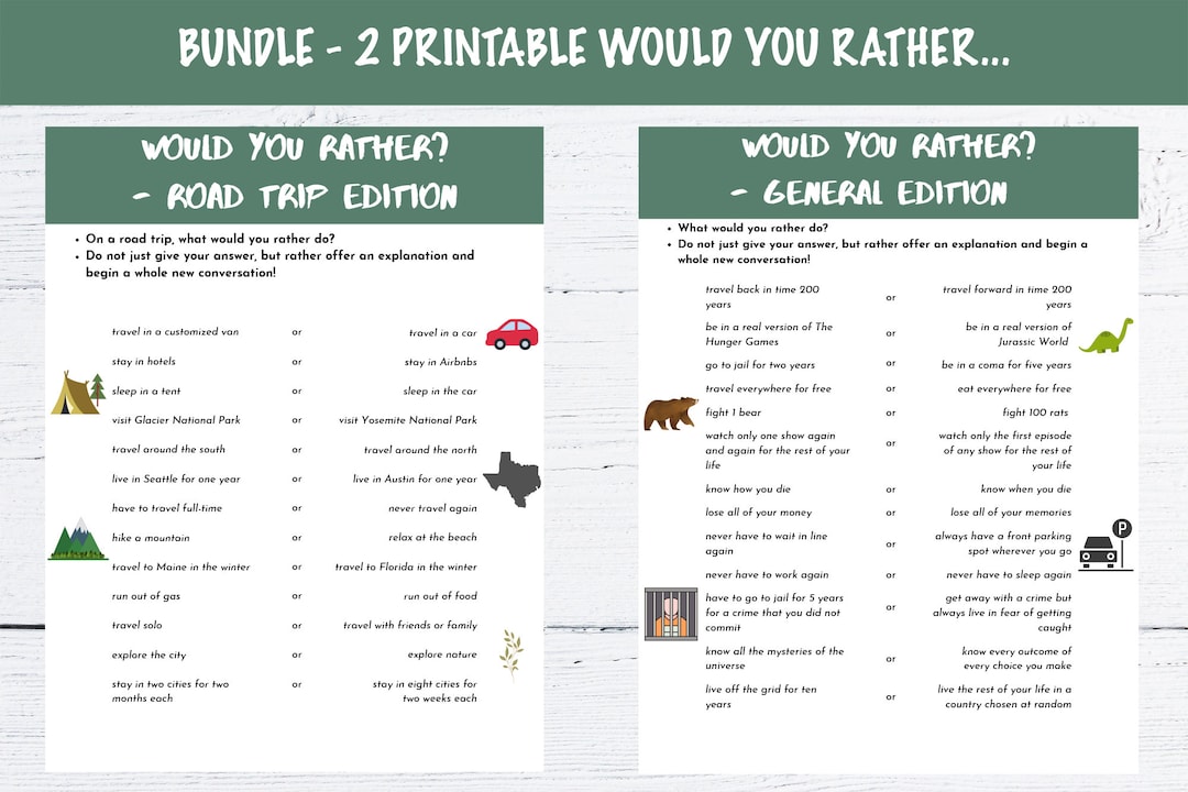 Bundle - 2 Printable Would You Rather Questions Sheets - General and ...