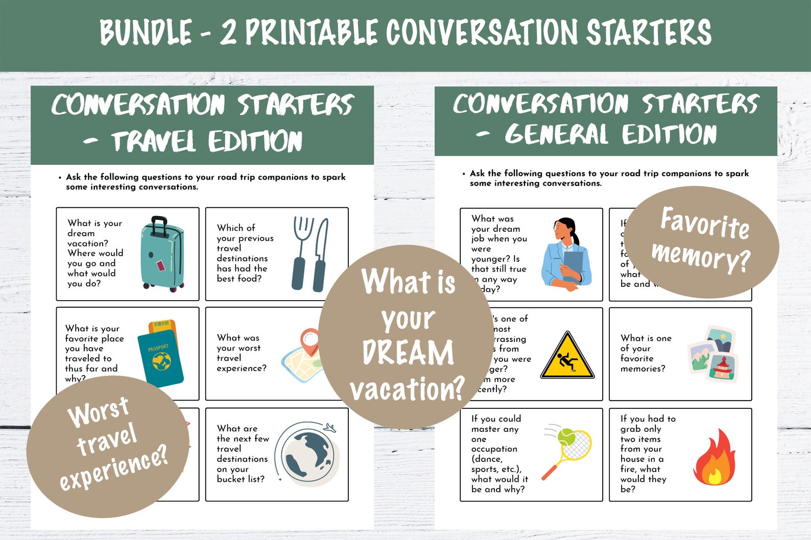 Bundle 11 Printable Conversation Starter Sheets and Questions General ...