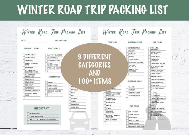 Winter Road Trip Packing List - Printable PDF - Etsy
