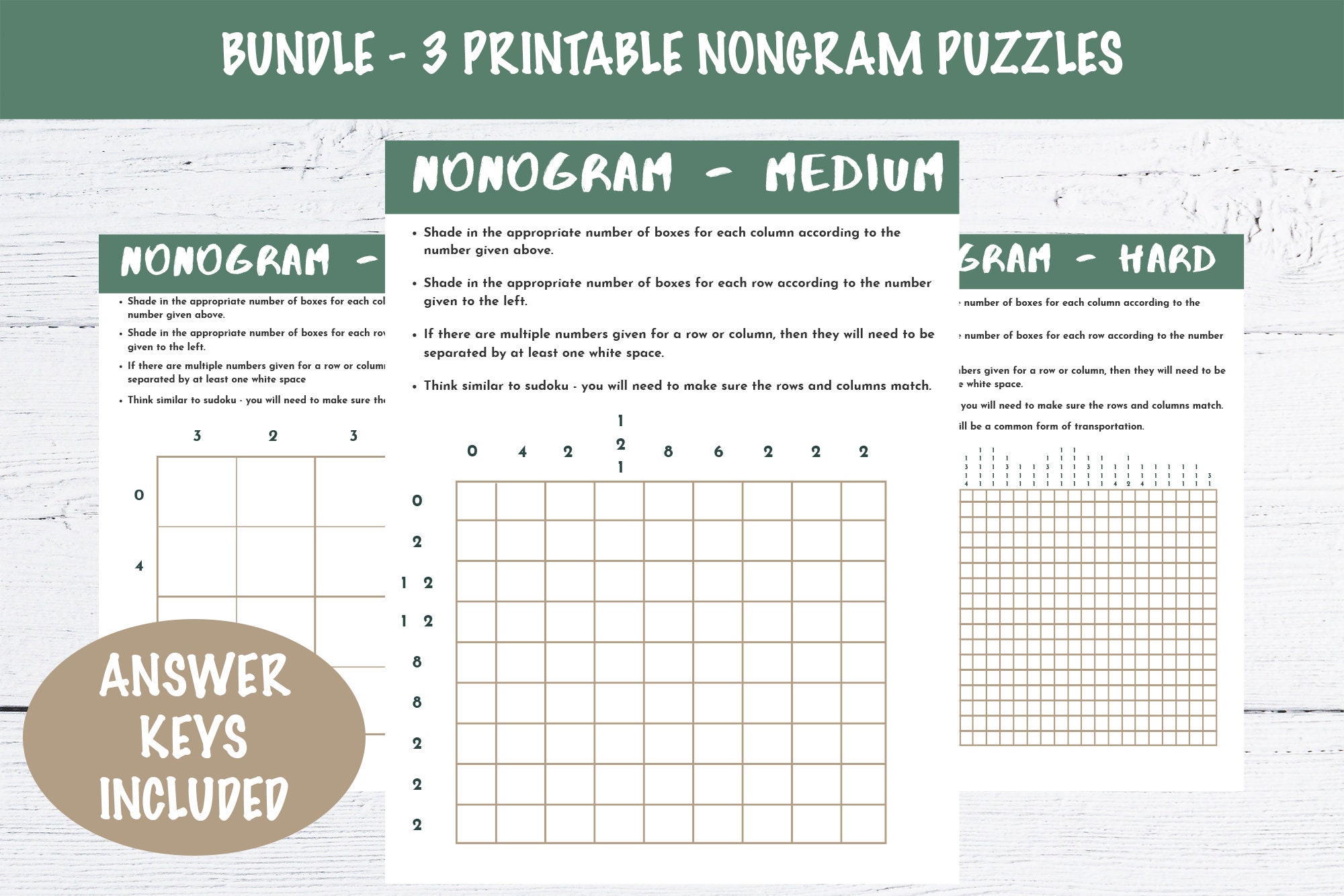 Bundle - 3 Printable Nonogram Puzzles - Easy, Medium, Hard - Etsy
