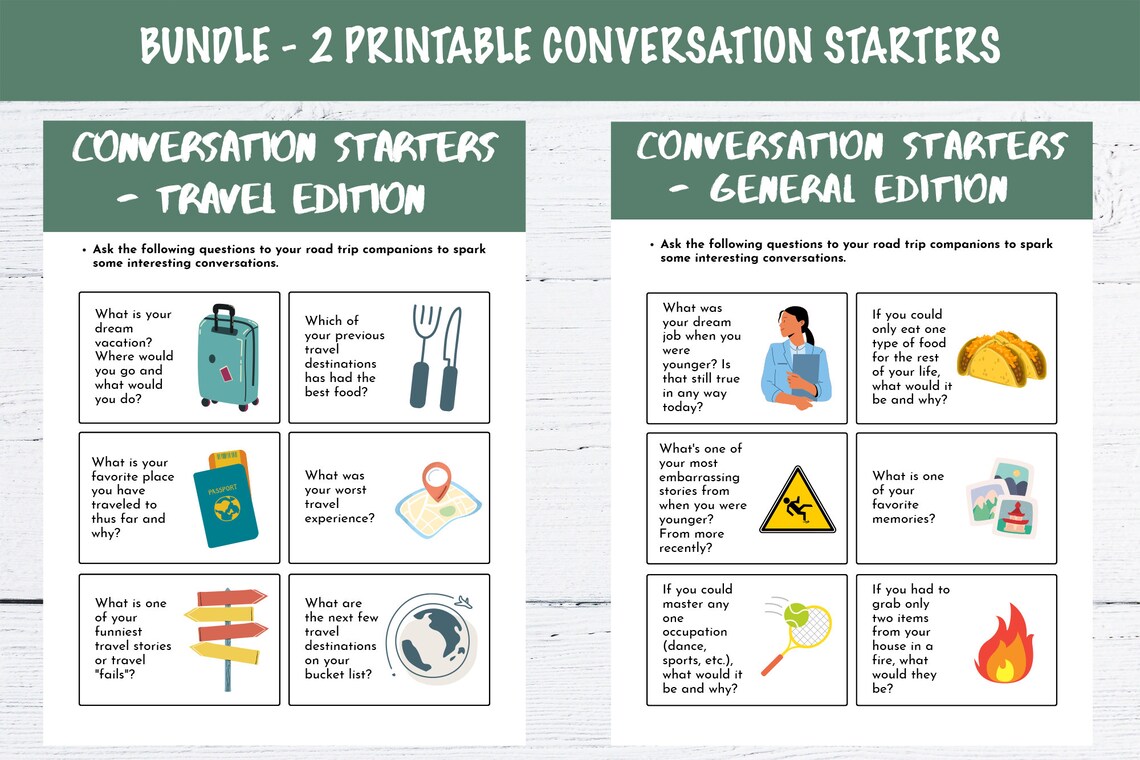 Bundle - 2 Printable Conversation Starters - General and Travel Edition ...