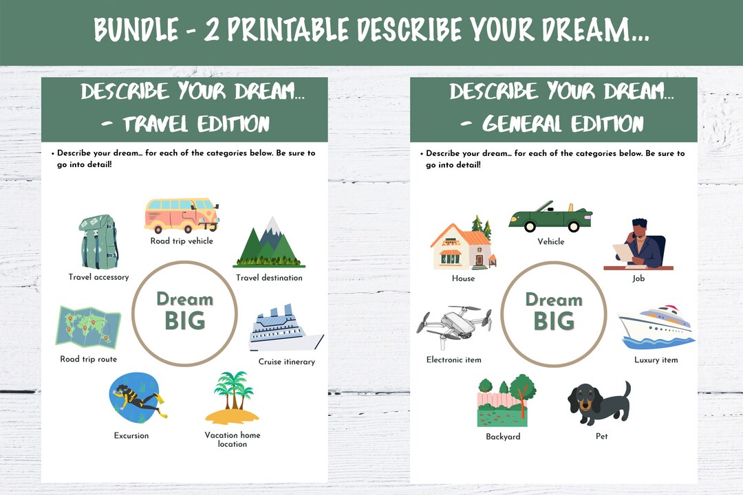 Bundle - 2 Printable Describe Your Dream... - General and Travel ...