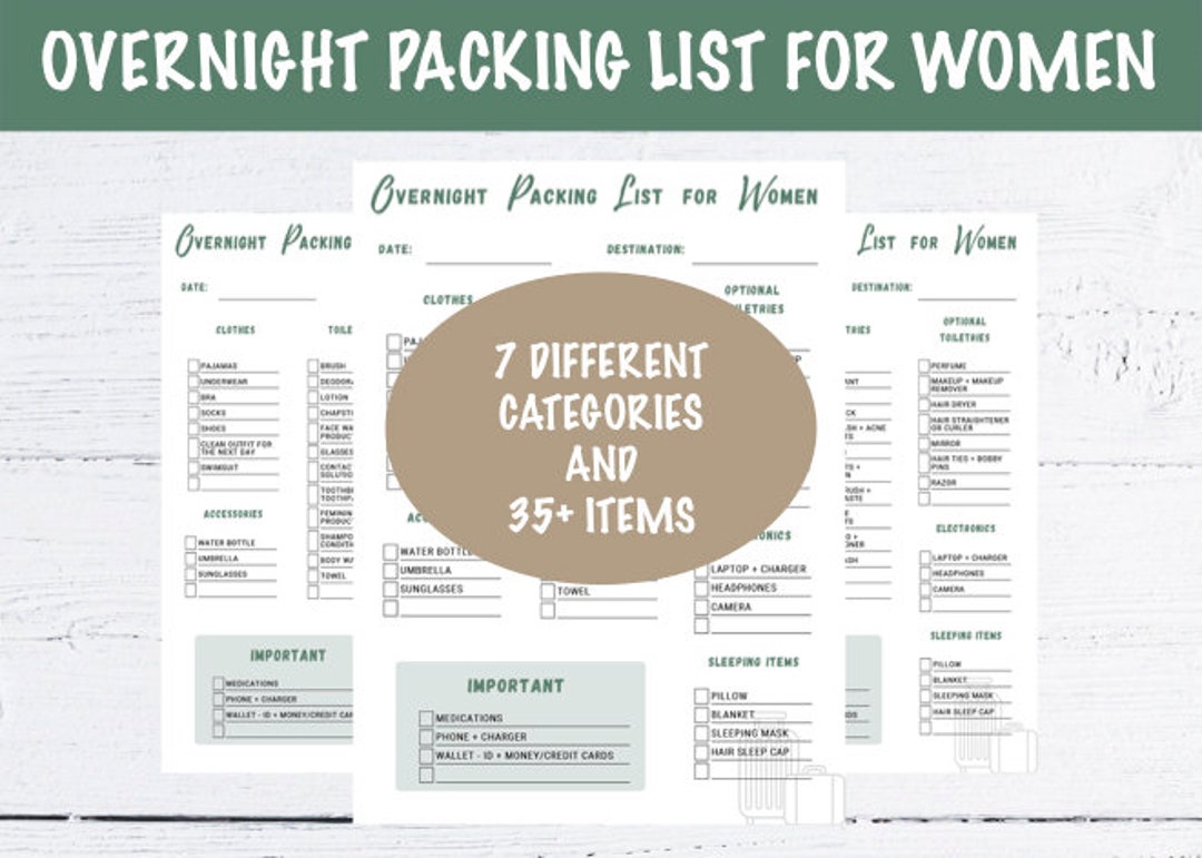 Overnight Packing List for Women - Printable PDF - Etsy