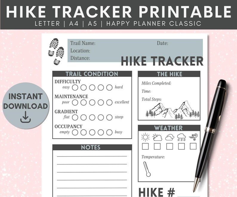 Printable Hiking Journal, Fillable Hiking Log, Hike Tracker, Walking ...