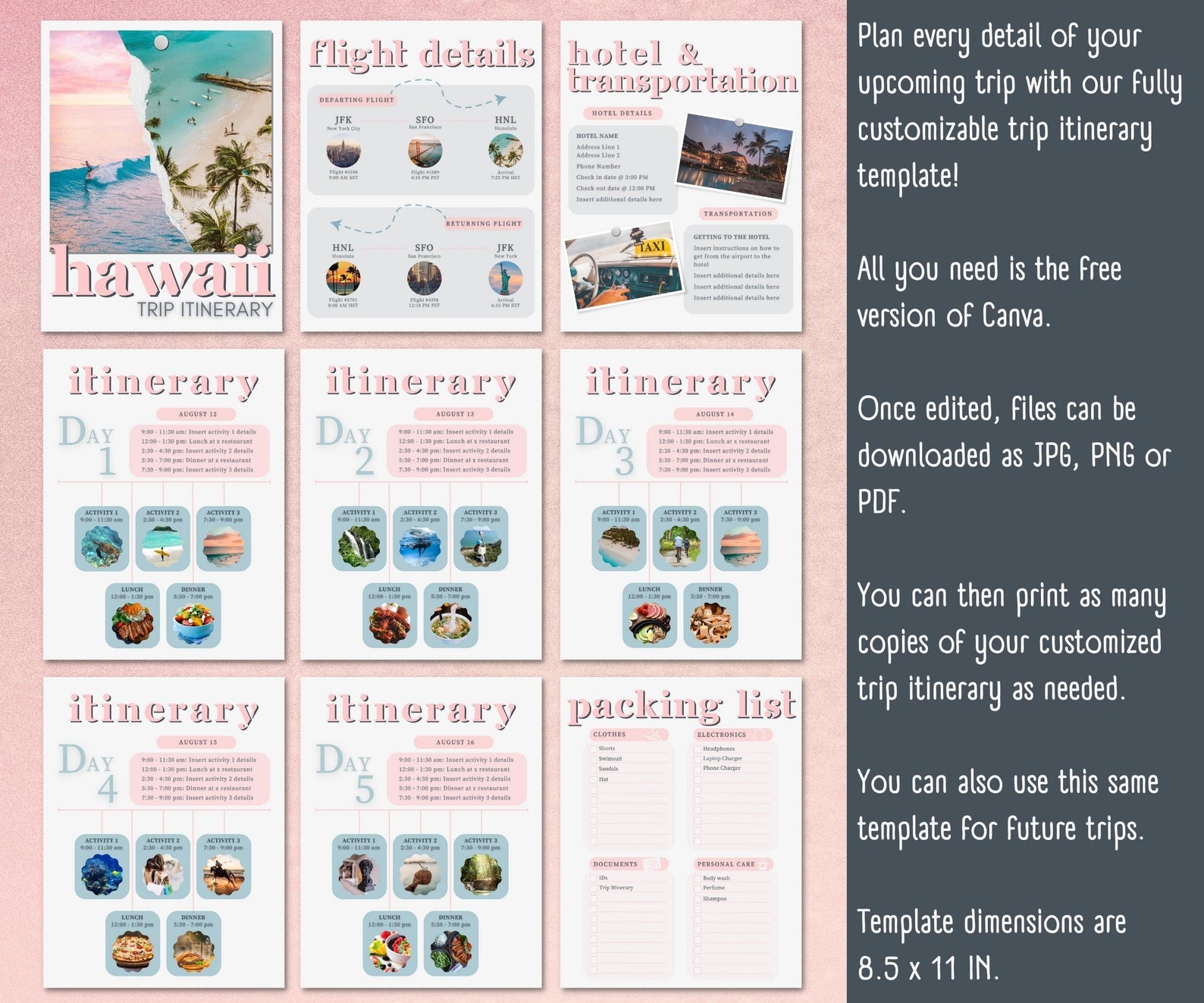 Travel Itinerary Template, Editable Trip Canva Template, Digital Travel ...