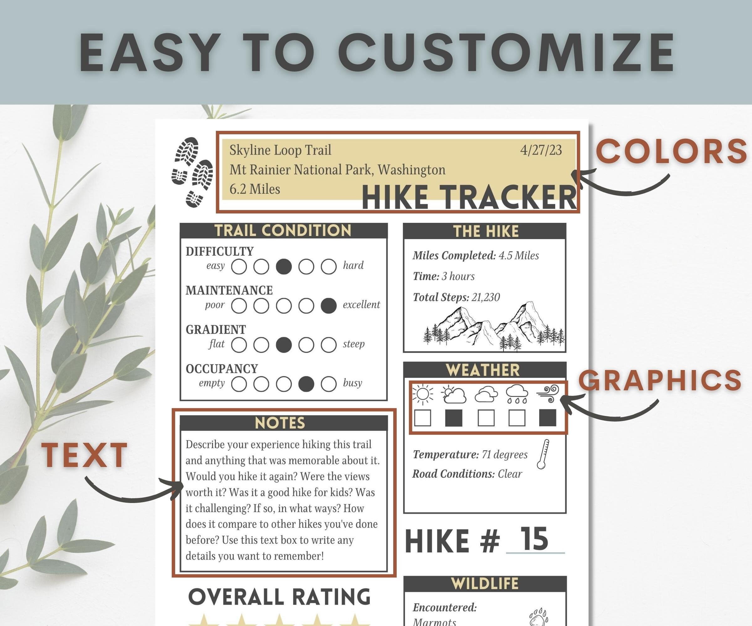 Hiking Journal Template, Canva Hiking Log, Hike Tracker, Walking Log ...