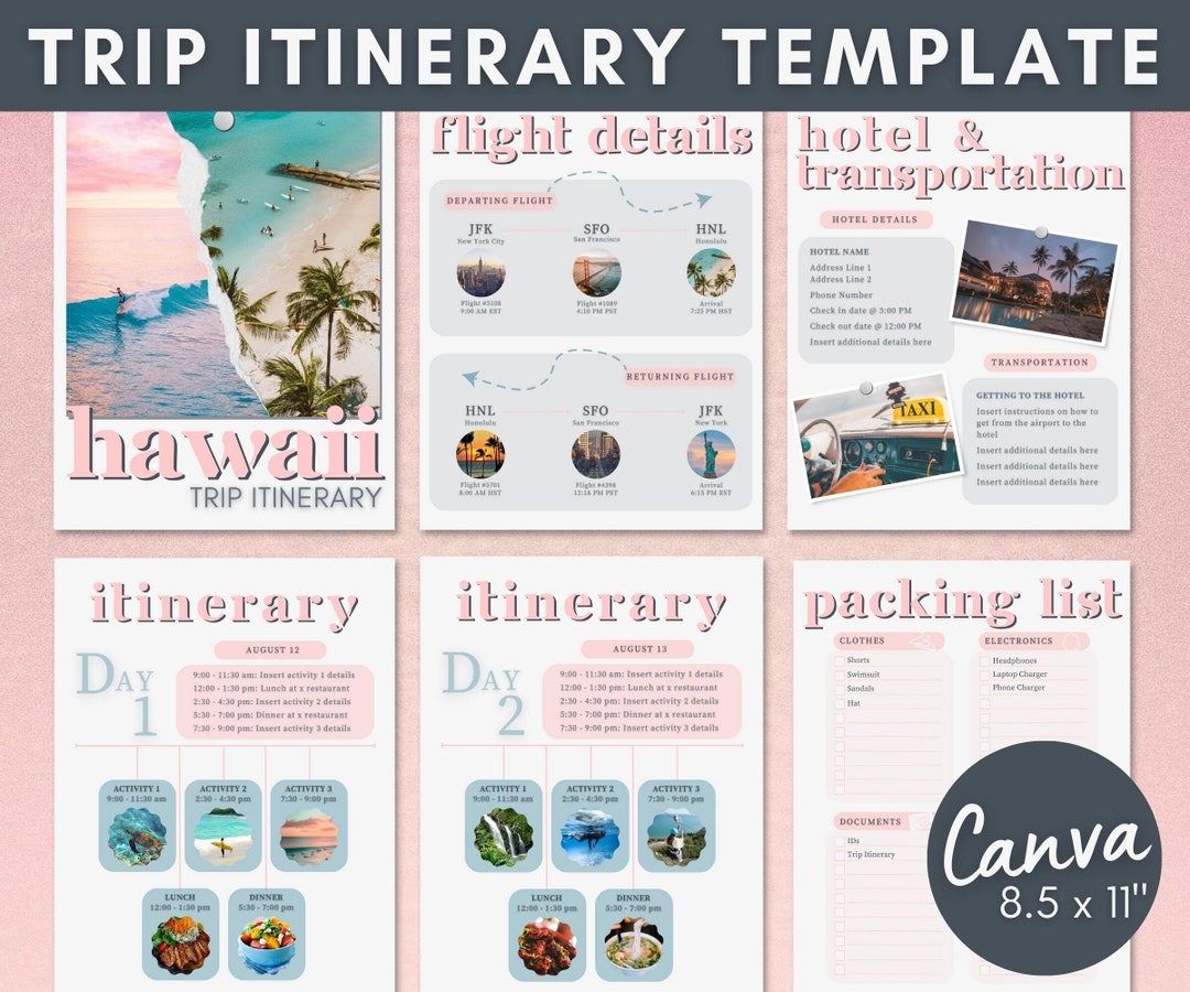 Travel Itinerary Template, Editable Trip Canva Template, Digital Travel ...
