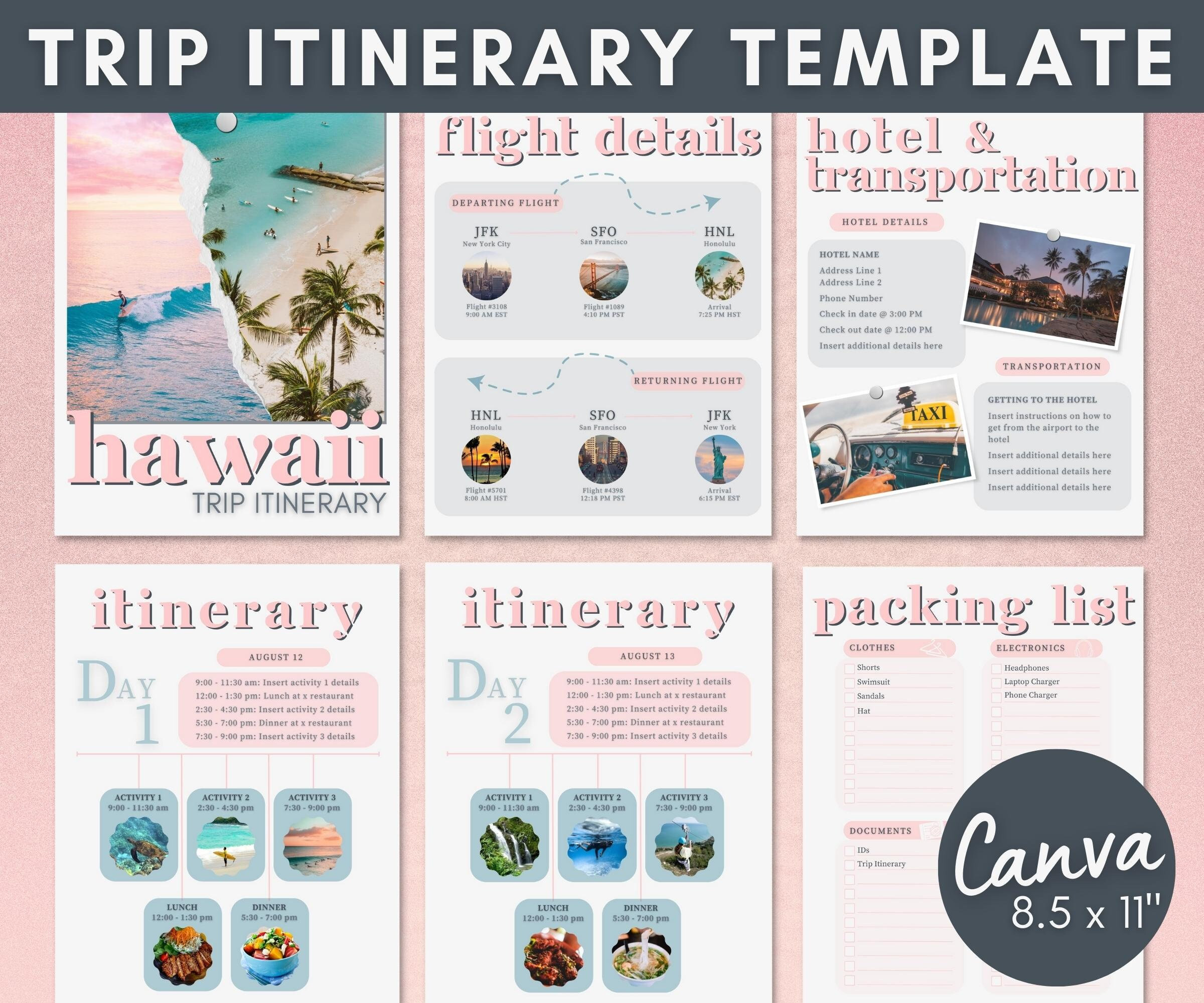 Travel Itinerary Template, Editable Trip Canva Template, Digital Travel ...
