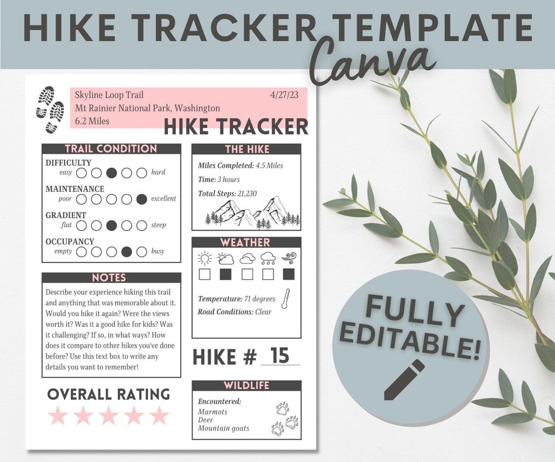 Hiking Journal Template, Canva Hiking Log, Hike Tracker, Walking Log ...