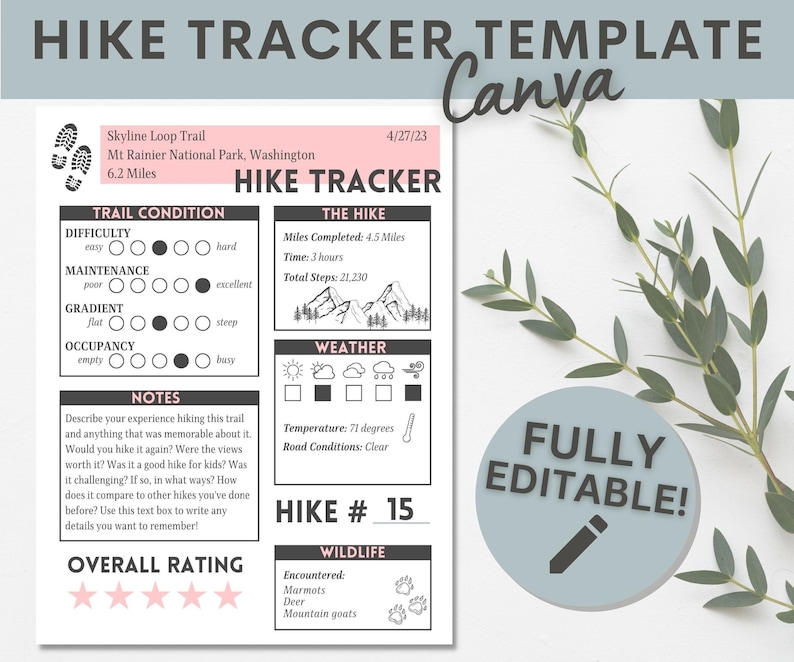 Hiking Journal Template, Canva Hiking Log, Hike Tracker, Walking Log ...