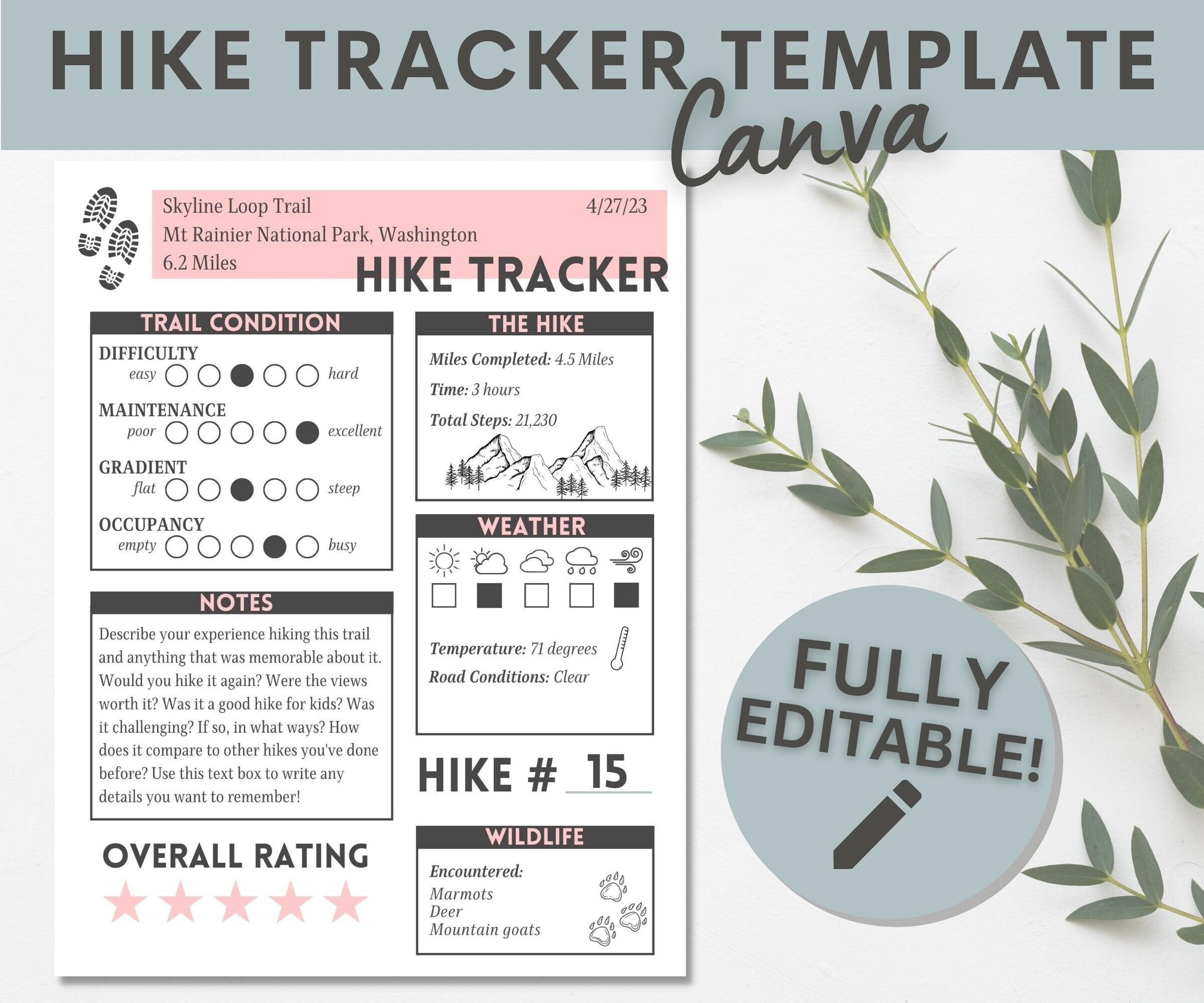 Hiking Journal Template, Canva Hiking Log, Hike Tracker, Walking Log ...