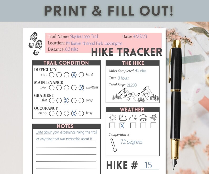 Printable Hiking Journal, Fillable Hiking Log, Hike Tracker, Walking ...