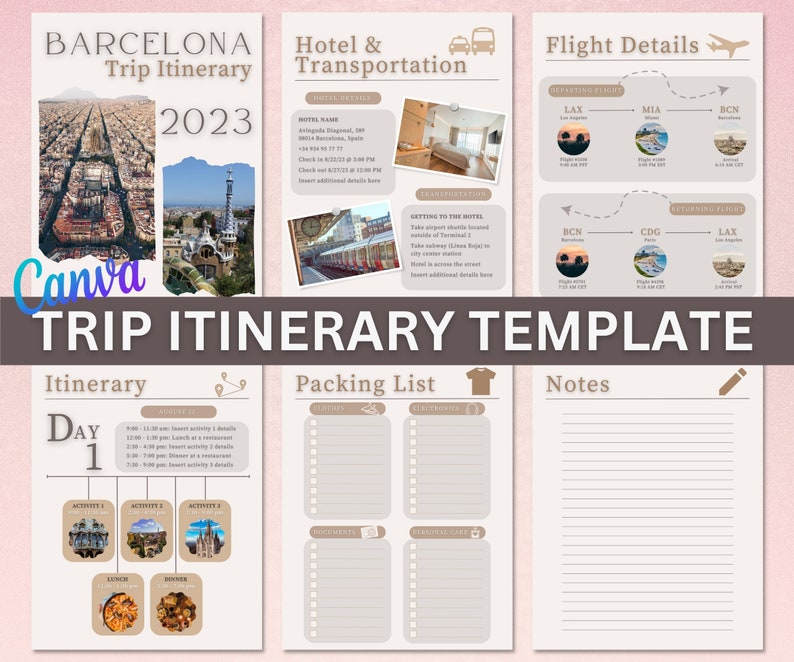 Travel Itinerary Template, Editable Canva Template, Digital Trip Template, Customizable Travel ...