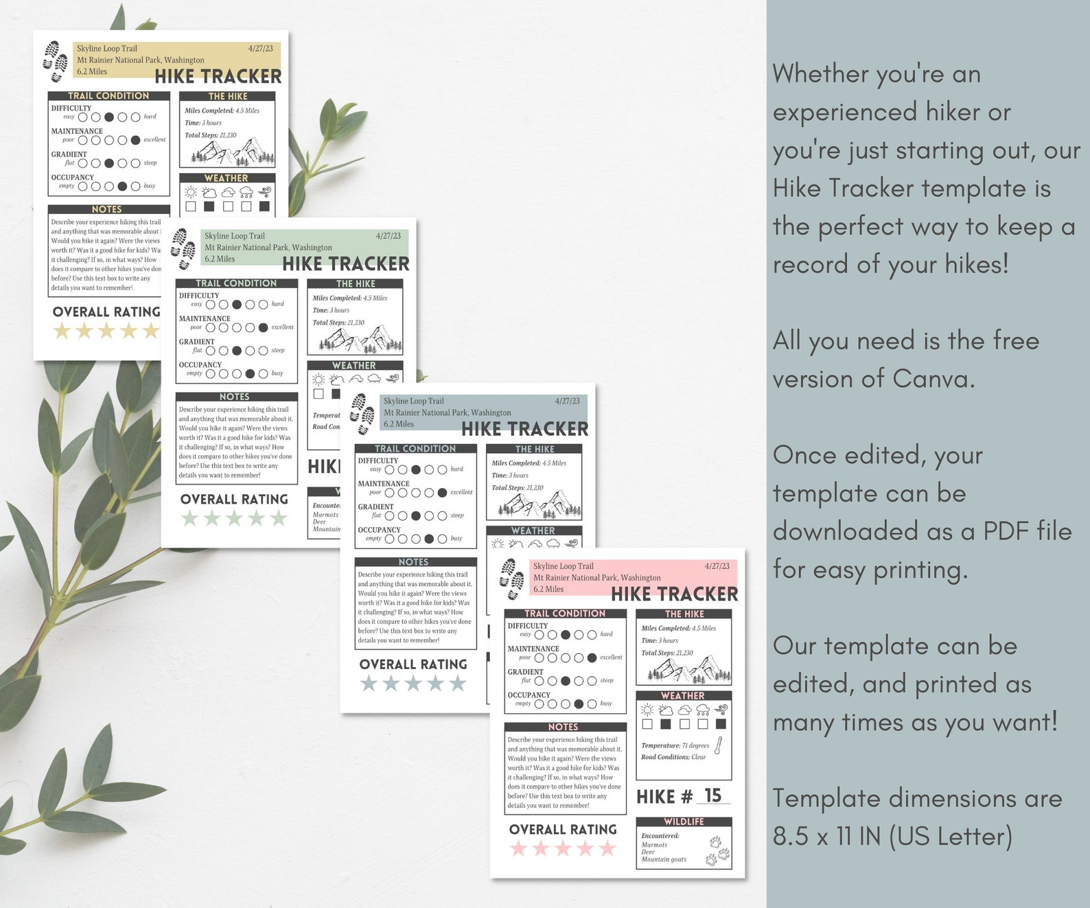 Hiking Journal Template, Canva Hiking Log, Hike Tracker, Walking Log ...