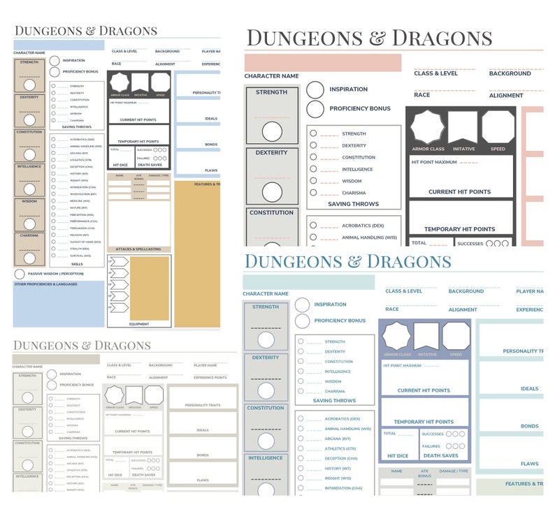D&D Character Sheet Set Dungeons and Dragons - Digital Download - Etsy
