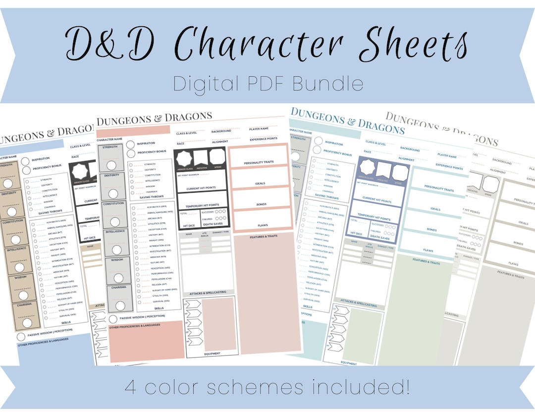D&D Character Sheet Set Dungeons and Dragons - Digital Download - Etsy