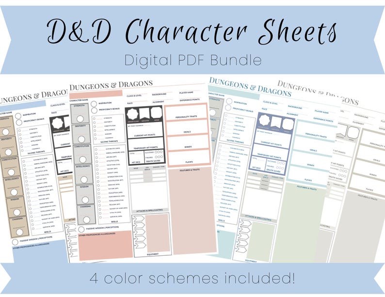 D&D Character Sheet Set Dungeons and Dragons - Digital Download - Etsy