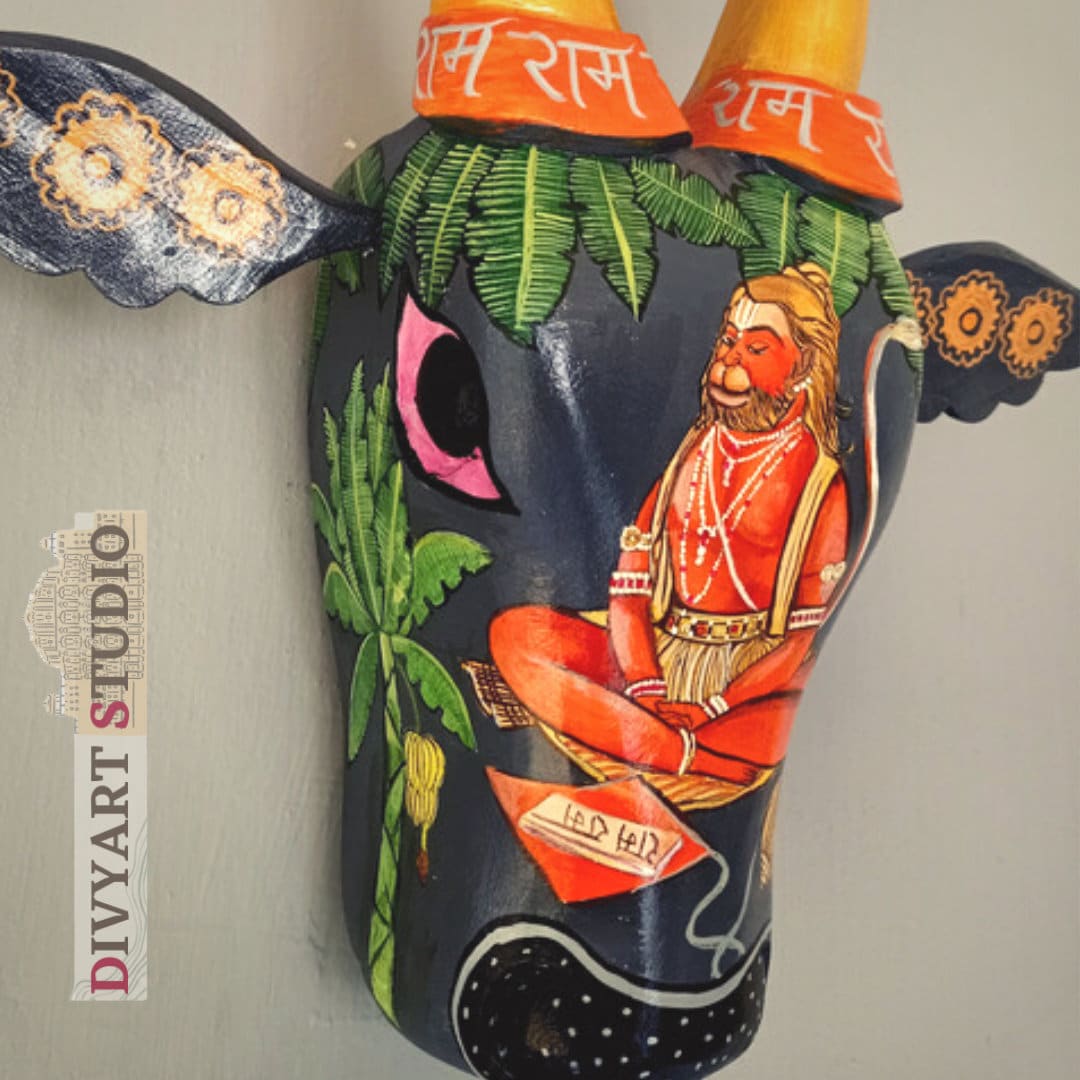 Hanuman Cow Head NANDI Hand Painted 15 Inches Wooden Bull Head Bajrang ...