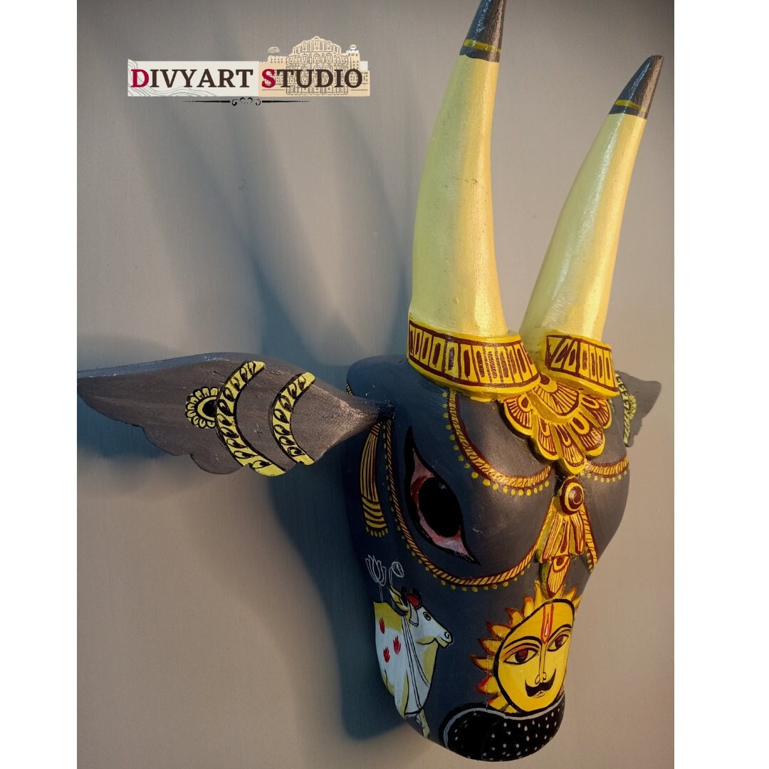 Surya Devta Cow Head NANDI Hand Painted 15 Inches Wooden Bull Head Demigod - Etsy