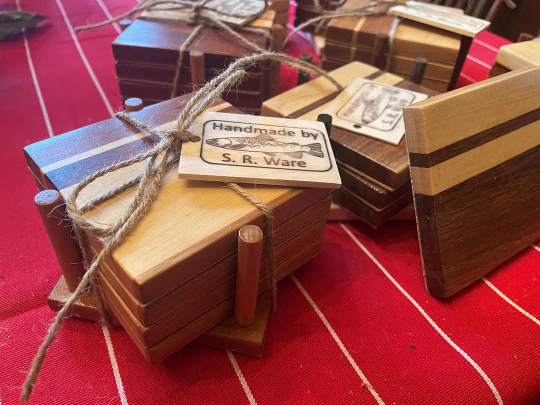 Wood Coaster Set of 4 With Storage Base and Engraved Cork Bottoms - Etsy