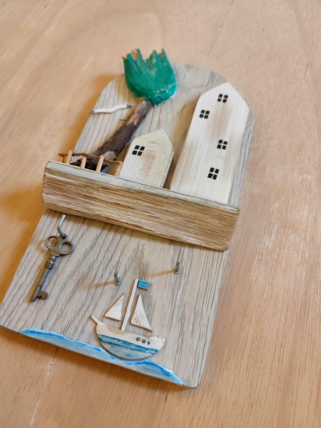 An Old Tree With Small Houses, Key Organiser, Rustic Wall Key Holder ...
