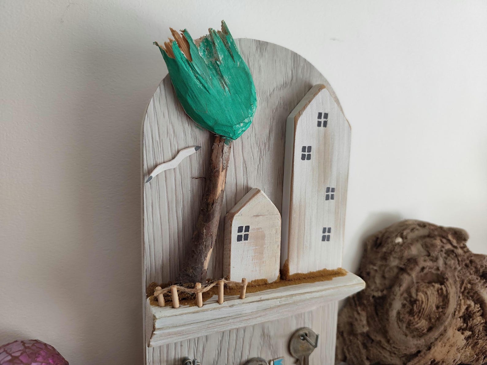 An Old Tree With Small Houses, Key Organiser, Rustic Wall Key Holder ...