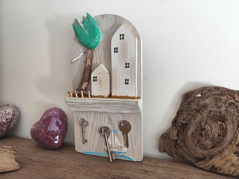 An Old Tree With Small Houses, Key Organiser, Rustic Wall Key Holder ...
