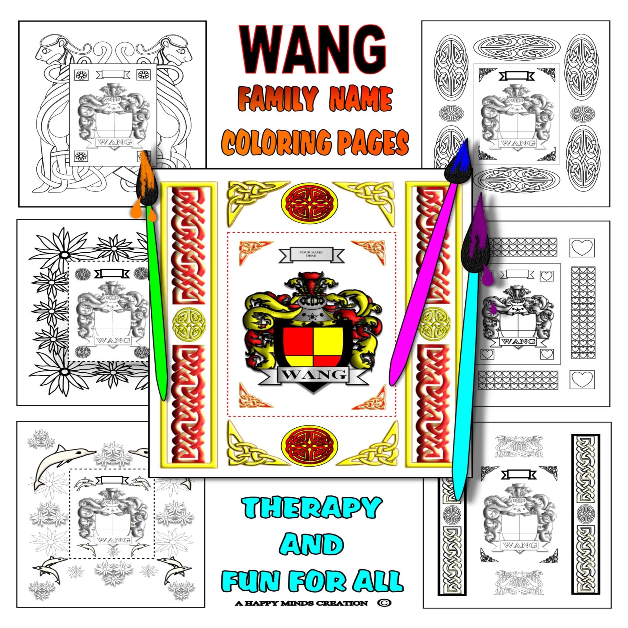WANG FAMILY Heraldic Shield and Crest Coloring Pages - Etsy