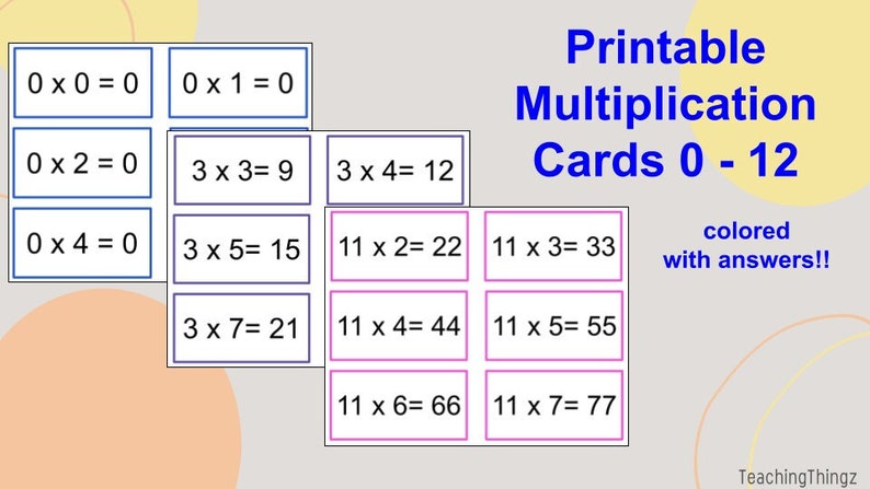Printable Multiplication Flashcards - 169 Total - Color - 3rd to 5th ...