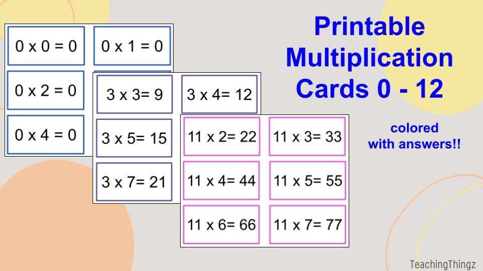 Printable Multiplication Flashcards - 169 Total - Color - 3rd to 5th ...