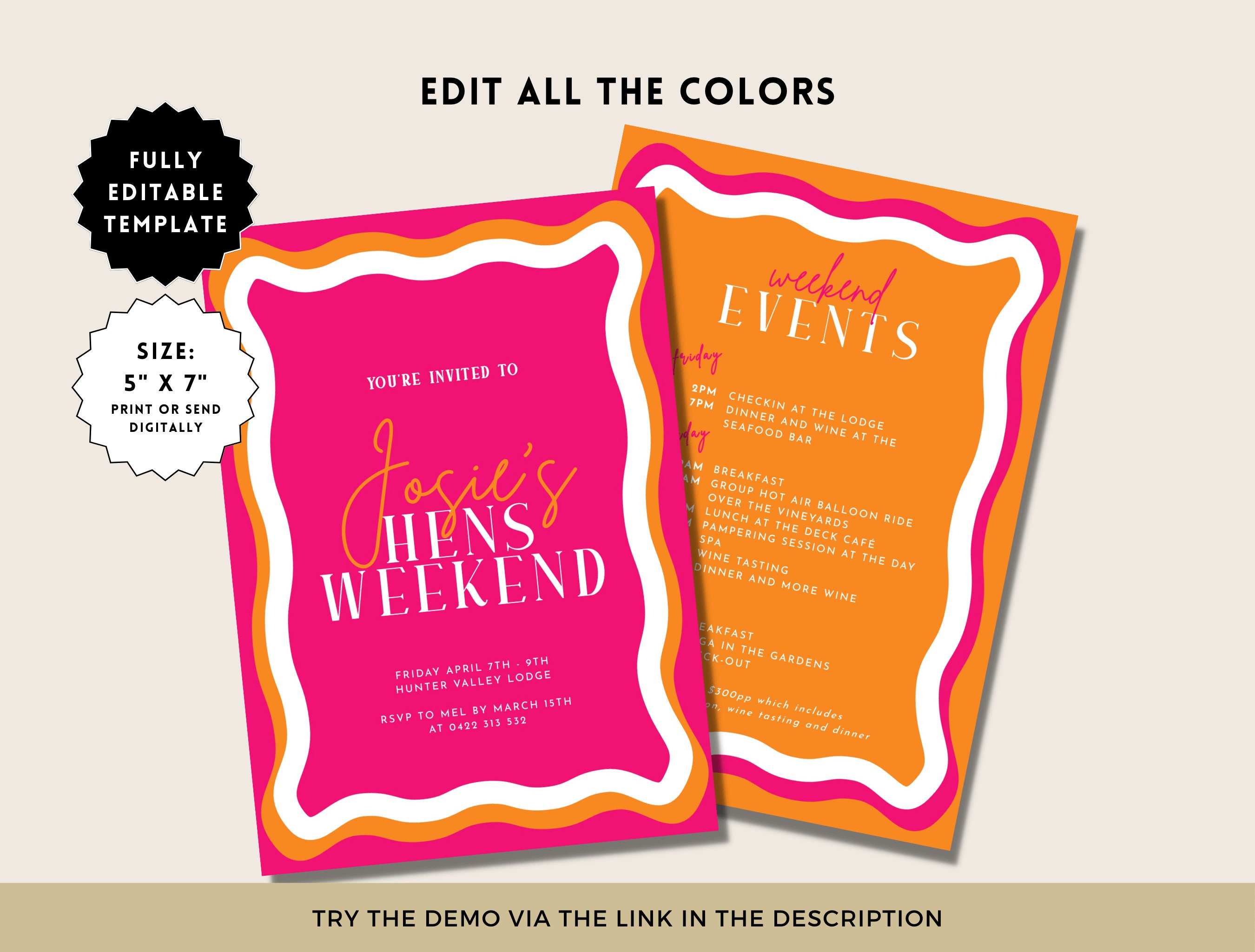 Hens Weekend Invitation With Wavy Border | Orange & Pink Bachelorette ...