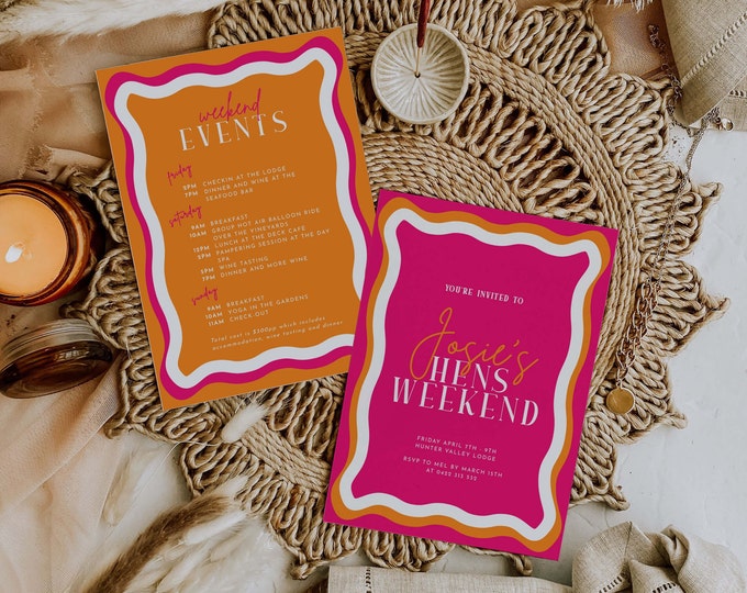 Hens Weekend Wavy Invite Orange and Pink Bachelorette Weekend ...