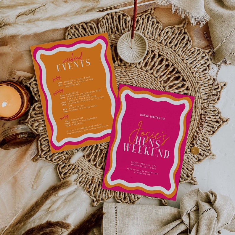 Hens Weekend Invitation With Wavy Border | Orange & Pink Bachelorette ...